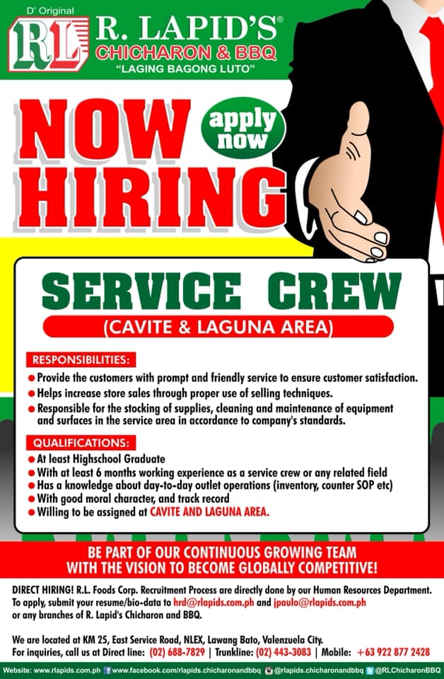 DIRECT HIRING! Service Crew for Laguna/Cavite Area | R. Lapid's ...