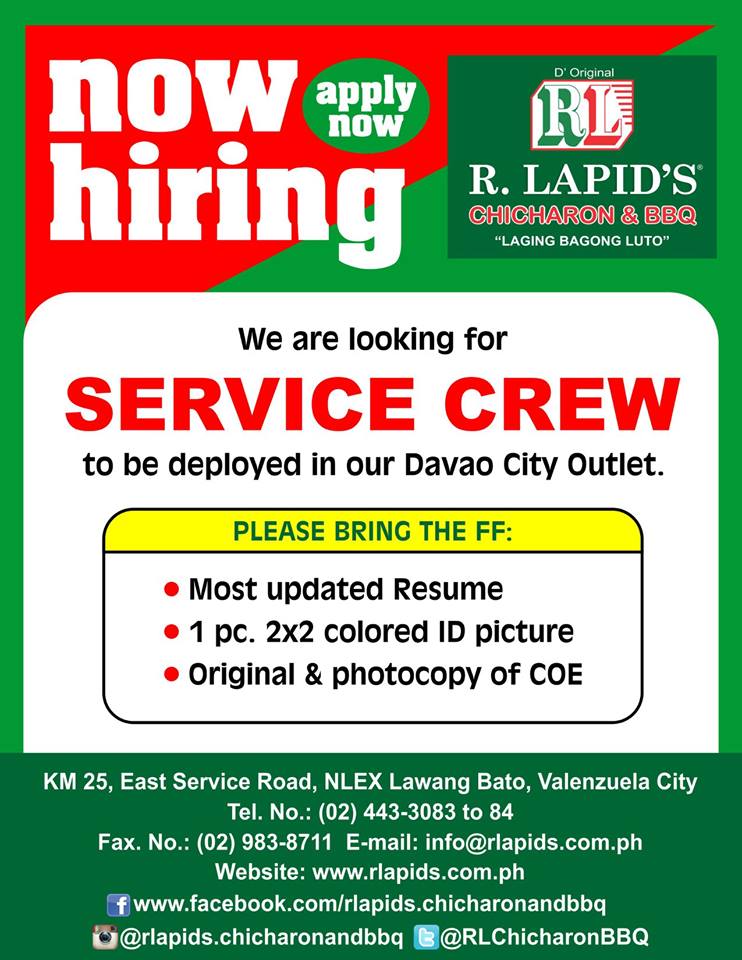 NOW HIRING!! Service Crew Davao Area | R. Lapid's Chicharon and Barbecue
